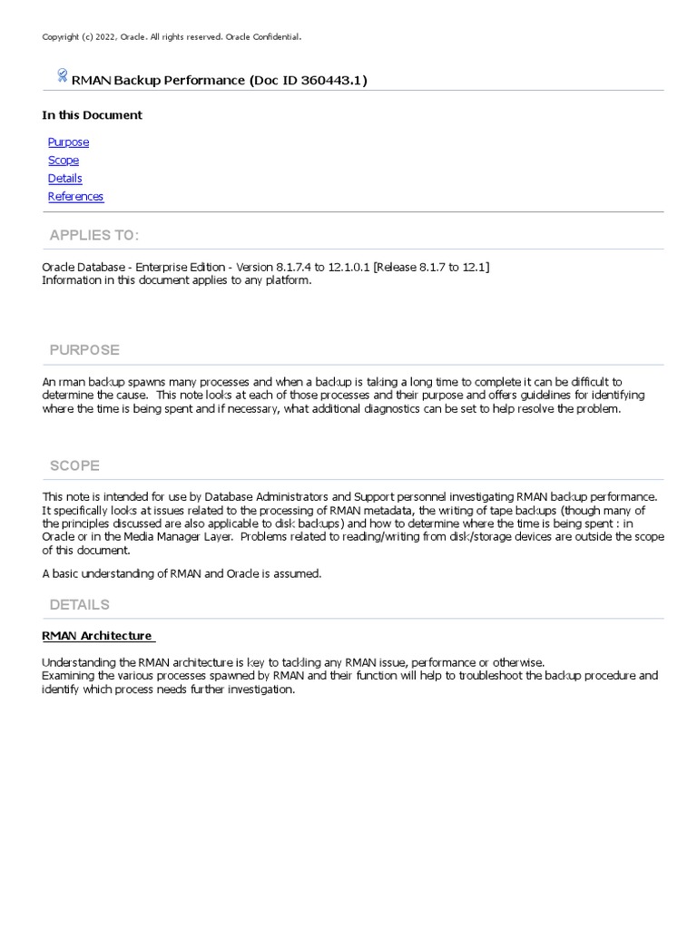 Applies To:: RMAN Backup Performance (Doc ID 360443.1) | PDF | Backup | Databases