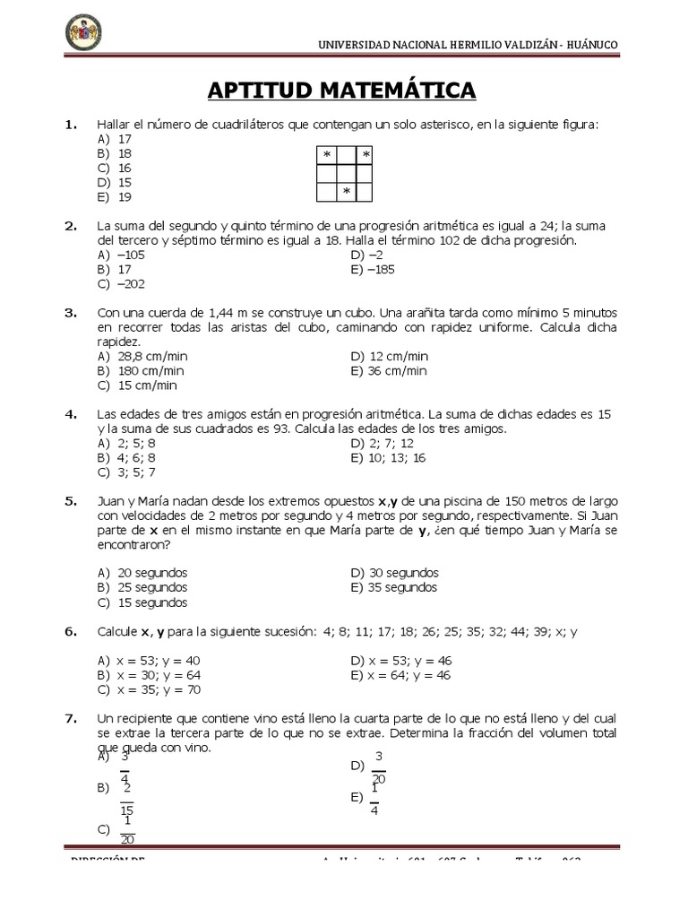 Banco de Preguntas Admision Unheval | PDF | Matemática Elemental | Matemáticas