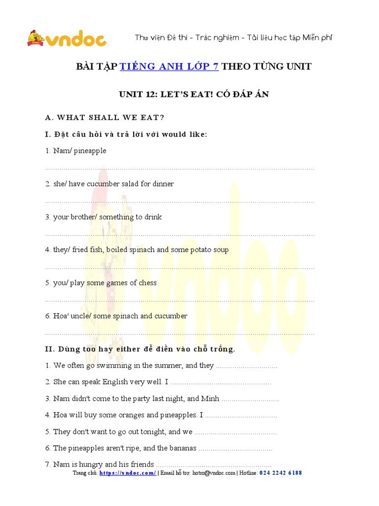 Bai Tap Tieng Anh Lop 7 Unit 12 Lets Eat | PDF | Food And Drink Preparation | Foods