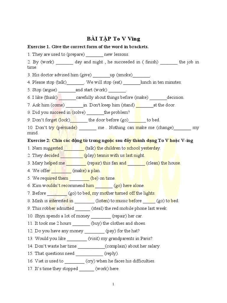 Bài Tập To V Ving: Exercise 1. Give the correct form of the word in ...