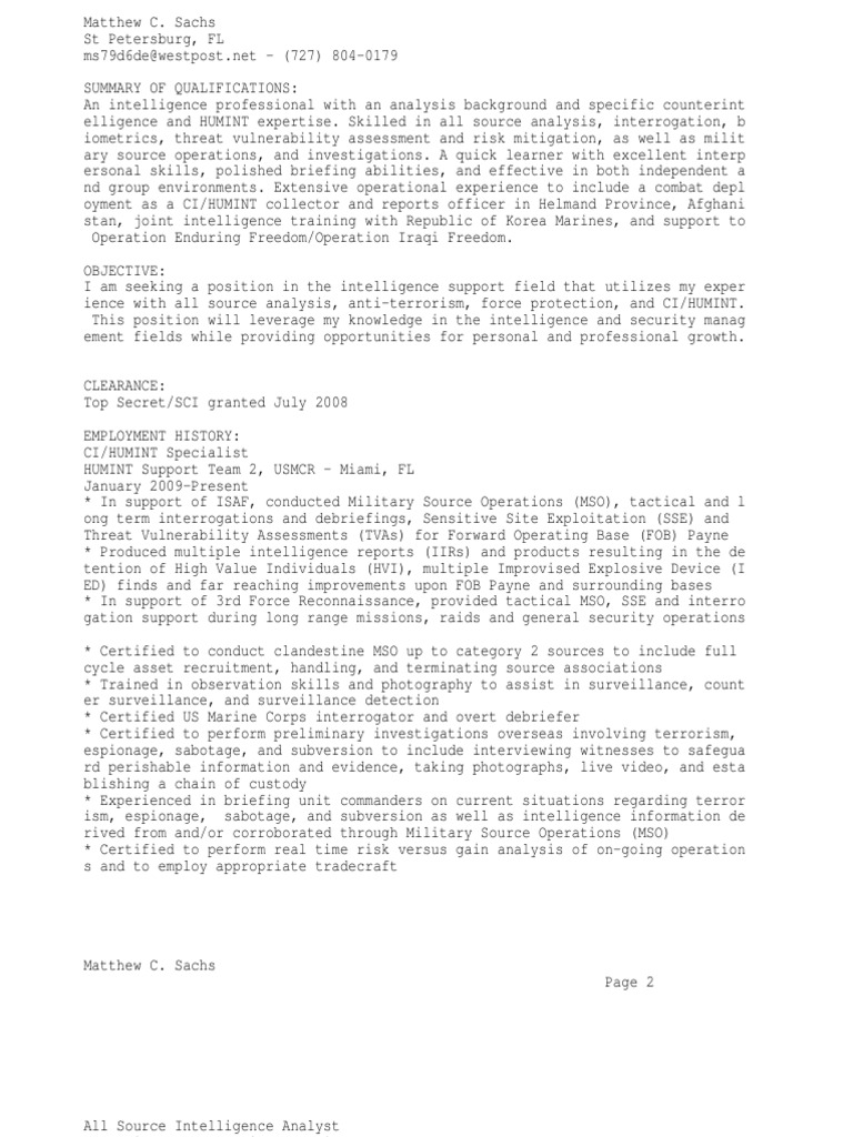 All Source Intelligence Analyst CI/HUMINT Analyst | PDF | Espionage ...