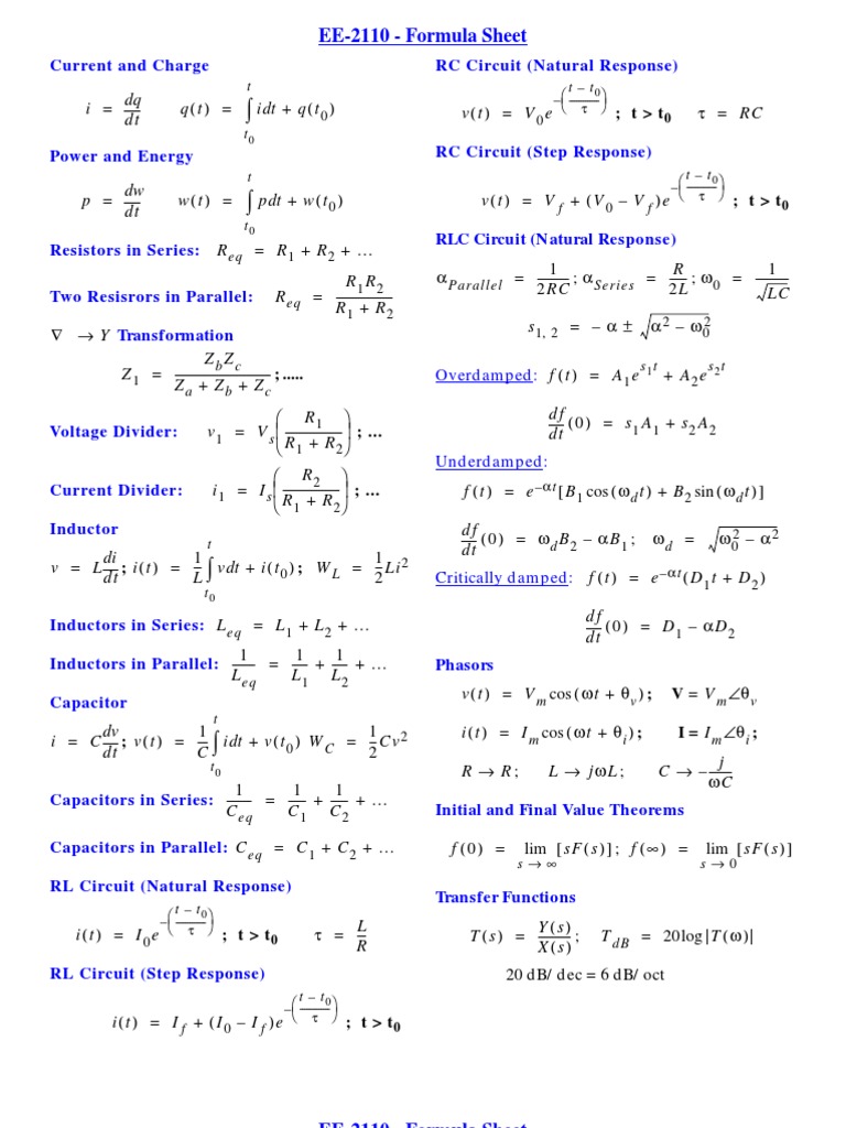 EE-2110 - Formula Sheet | PDF