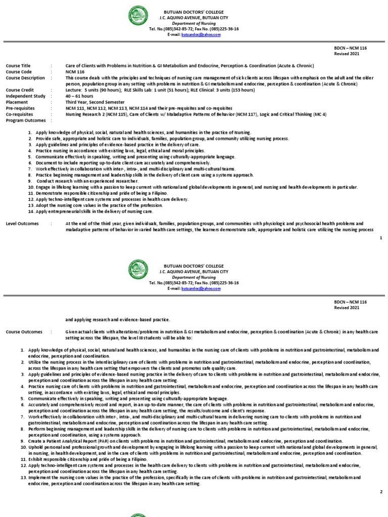 NCM 116 Syllabus | PDF | Nursing | Perioperative