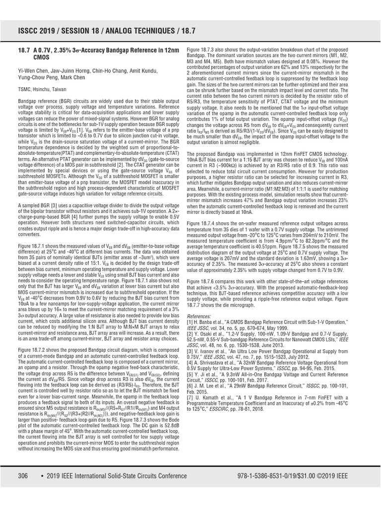 Isscc 2019 / Session 18 / Analog Techniques / 18.7: 18.7 A 0.7V, 2.35% 3 σ-Accuracy Bandgap ...