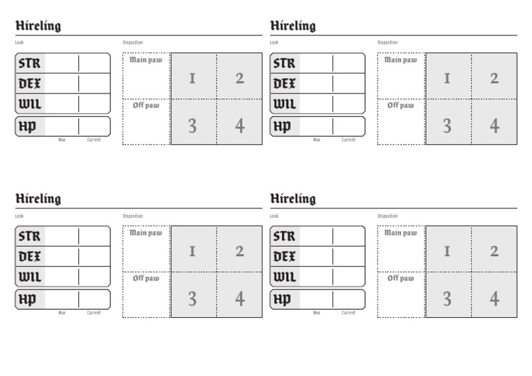 Hireling character sheet template for tabletop RPG | PDF
