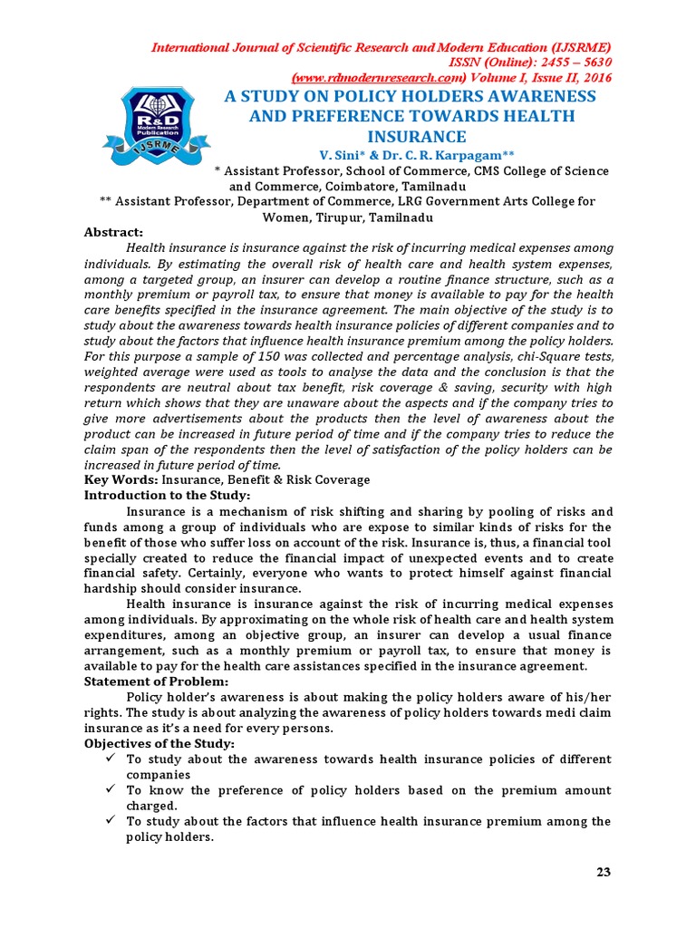 A Study On Policy Holders Awareness and Preference Towards Health ...
