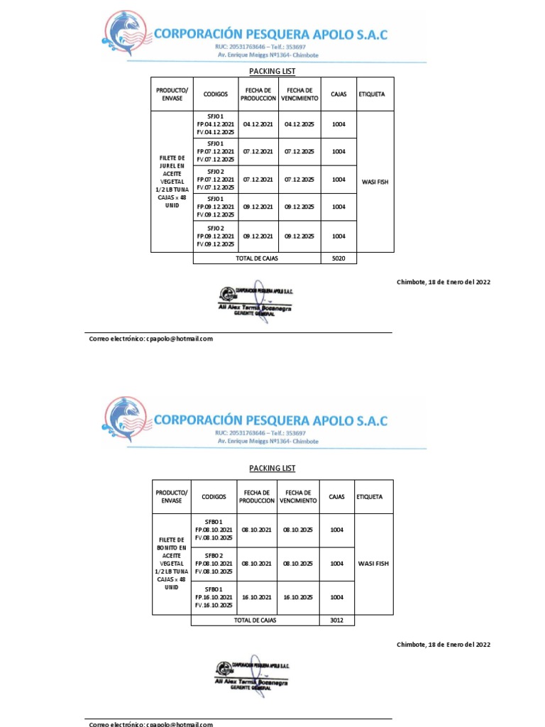 Packing List Filete Jurel y Filete Bonito - 20220118 - Wasi Fish | PDF