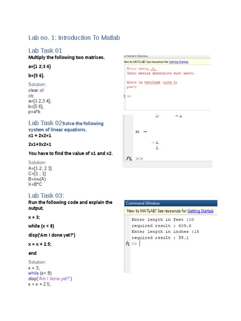 Lab No. 1: Introduction To Matlab Lab Task 01: Multiply The Following ...