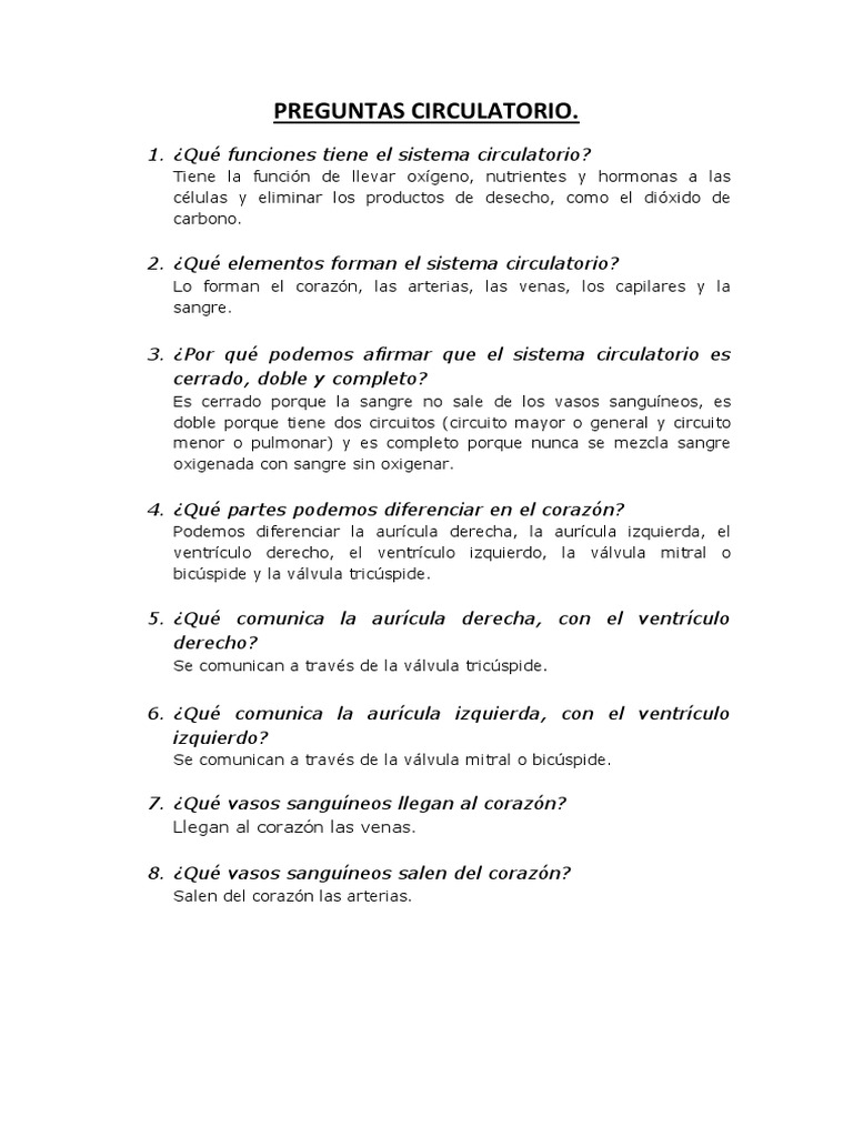 Preguntas Circulatorio | PDF | Sistema circulatorio | Vena
