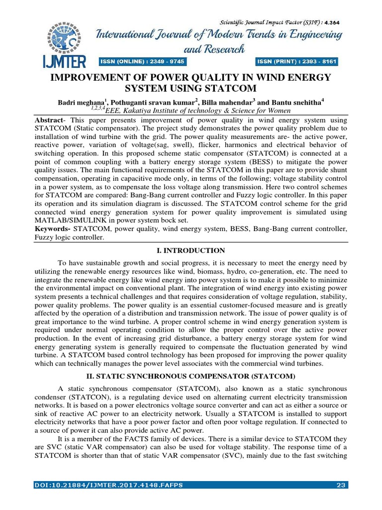 Improvement of Power Quality in Wind Energy System Using Statcom | PDF | Electric Power | Power ...