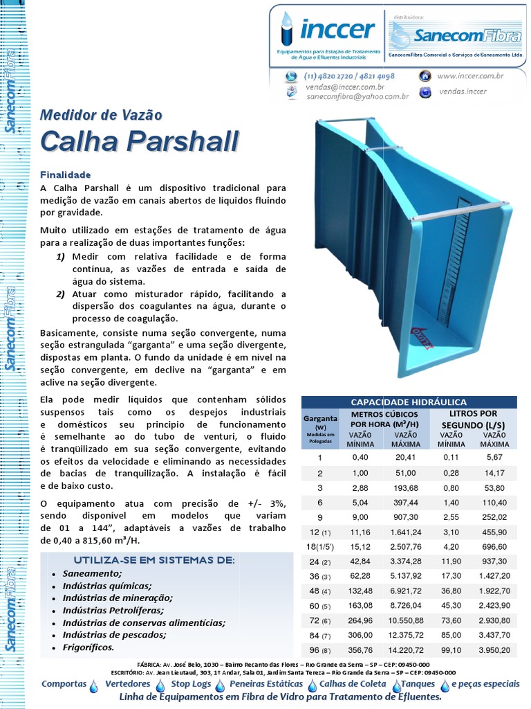 Calha Parshall | PDF | Descarga (hidrologia) | Metrologia