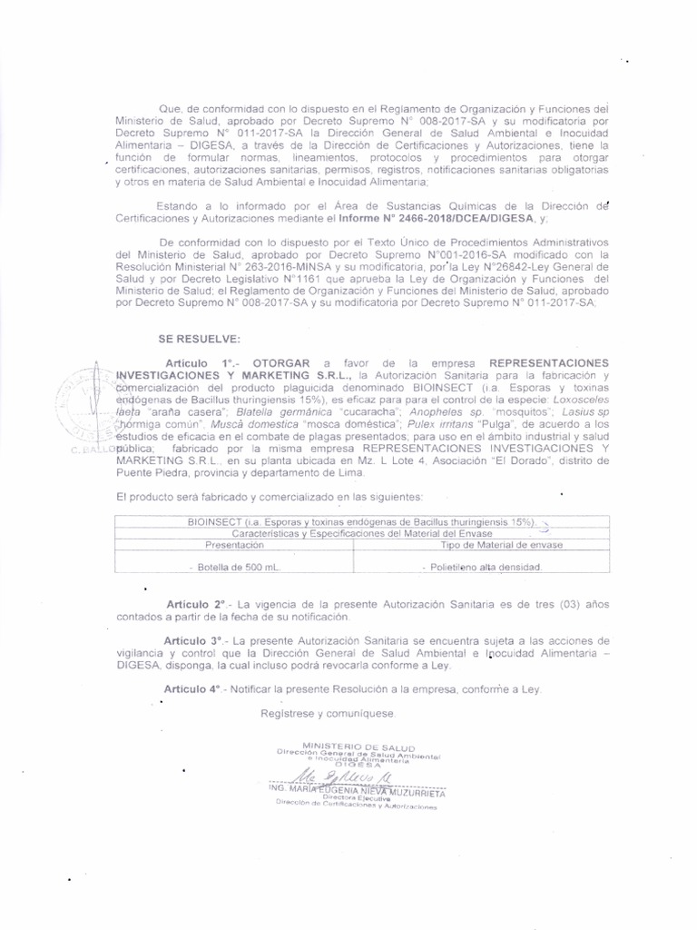 1-Resolución Digesa Bioinsect 2018 - 2 | PDF