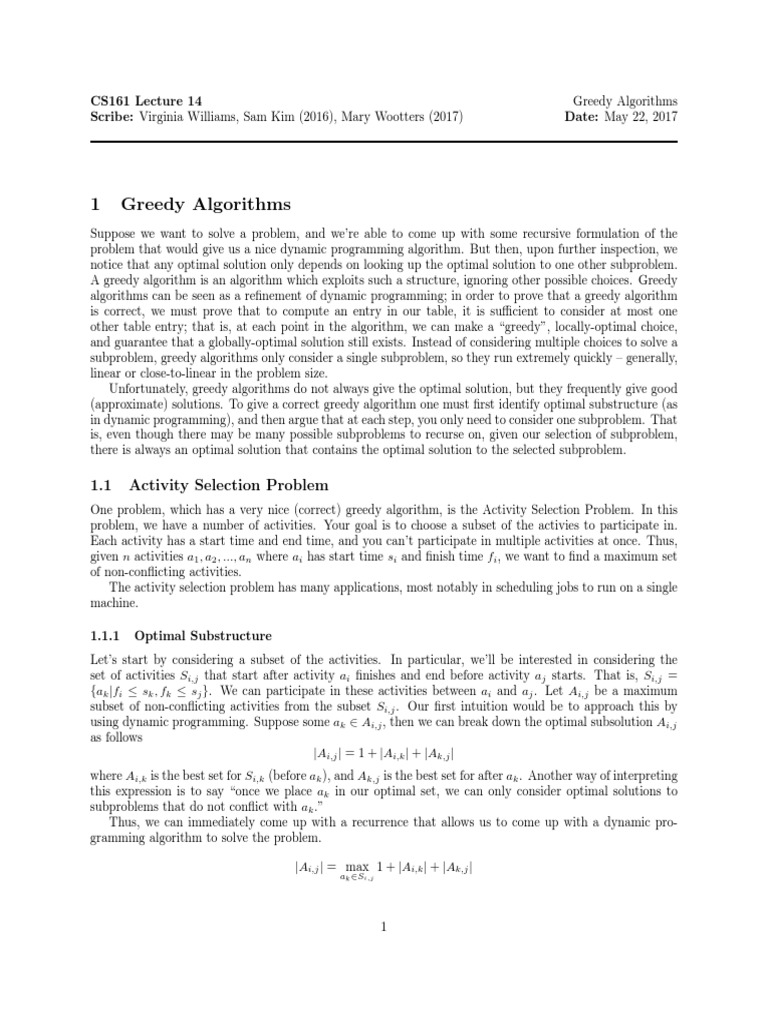 1 Greedy Algorithms 11 Activity Selection Problem Pdf Code Dynamic Programming