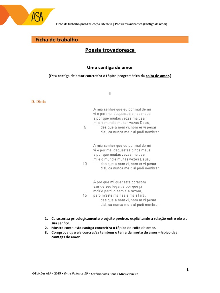 Ficha de Trabalho Poesia Trovadoresca 1 Cantiga de Amor | PDF | Amor | Poesia
