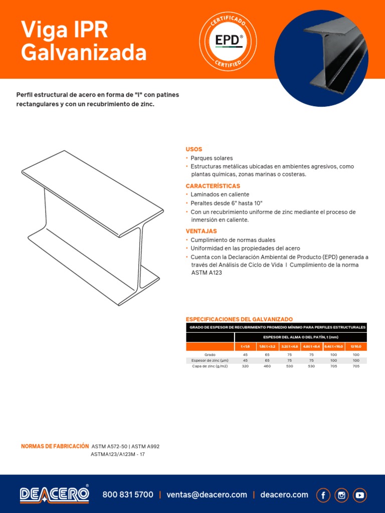 Vigas Ipr Galvanizada Deacero Ficha Tecnica | PDF | Zinc | Sectores Economicos