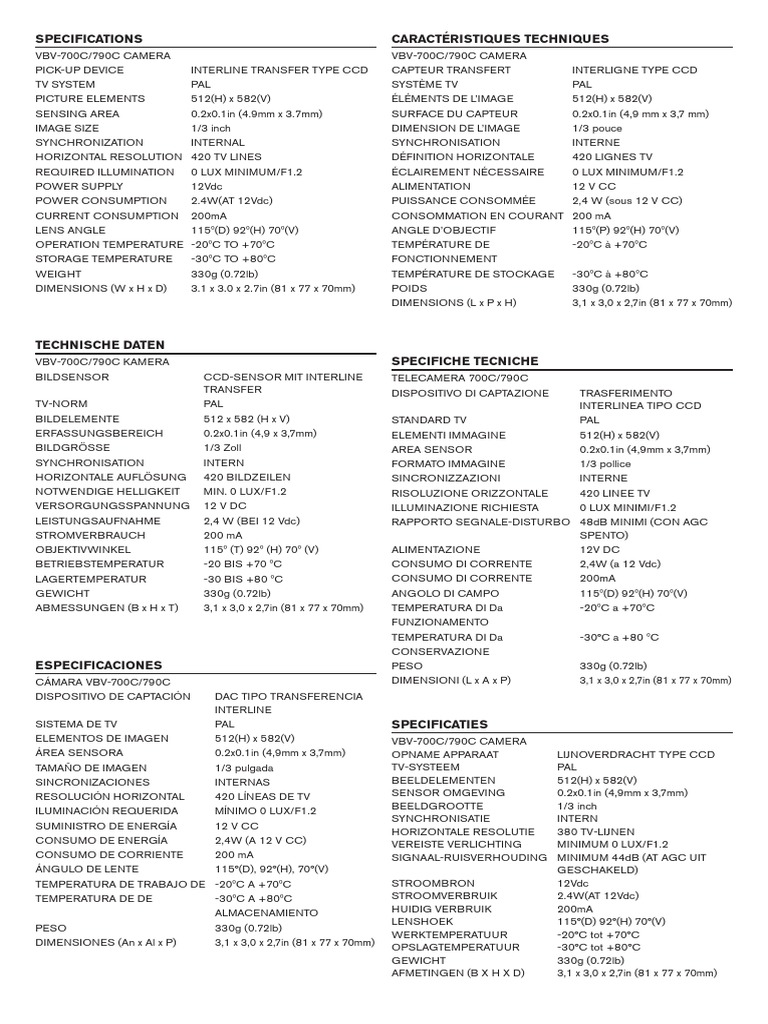 Spécifications de la caméra VBV-700C/790C | PDF | Imagerie ...