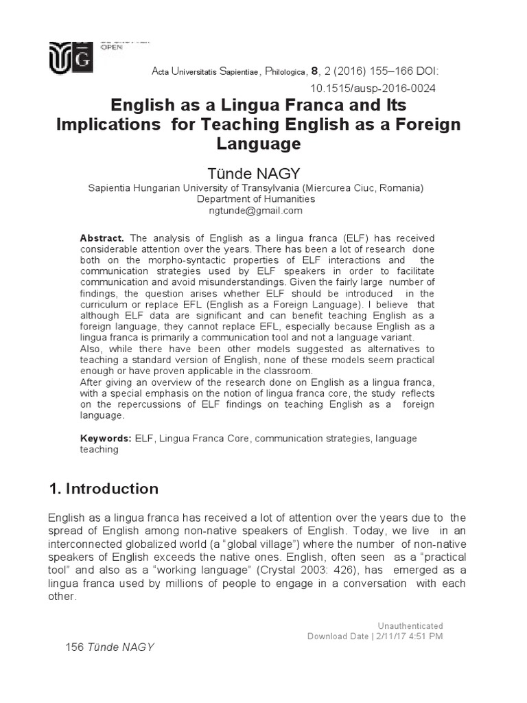 English As A Lingua Franca and Its Implications For Teaching English As ...