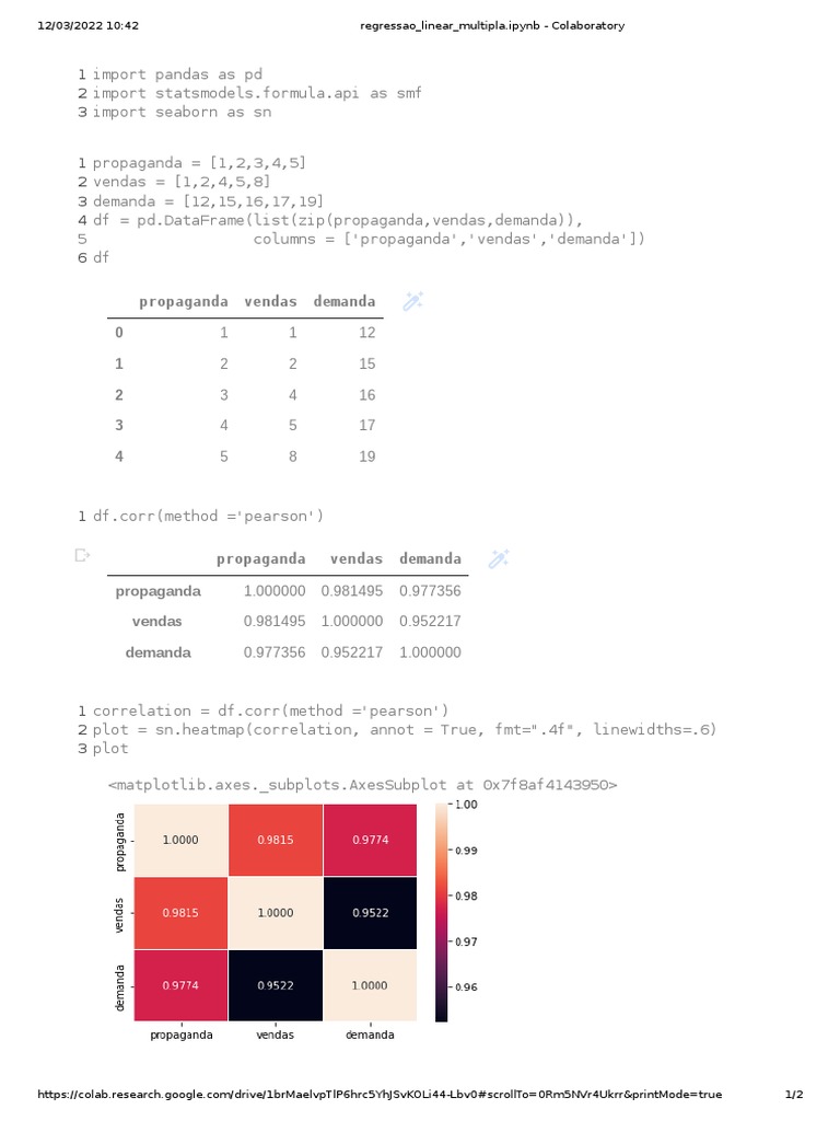 Regressao Linear Multipla - Ipynb - Colaboratory | PDF | Ordinary Least Squares | Coefficient Of ...