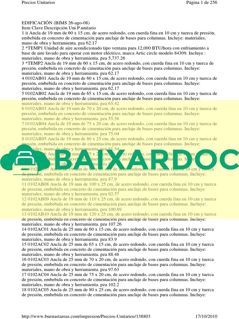 Precios Unitarios Bimsa | PDF | Hormigón | Elementos arquitectónicos