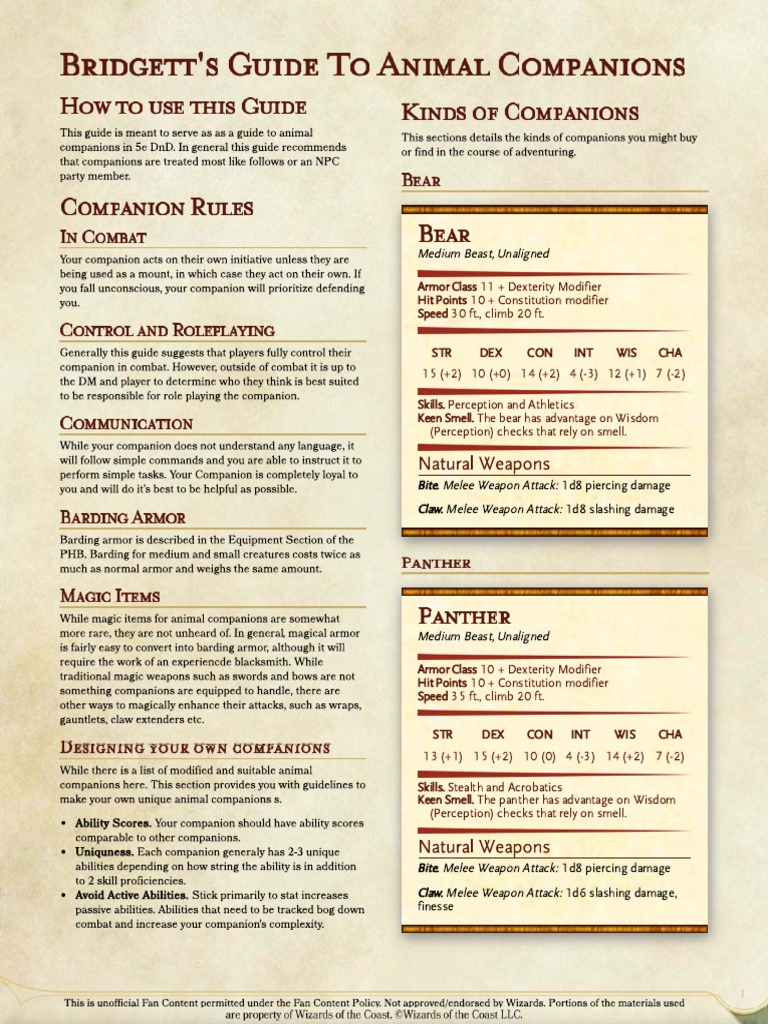 Player's Guide To Animal Companions | PDF