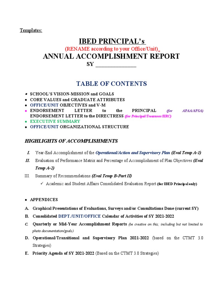 Ibed Principal'S Annual Accomplishment Report: (RENAME According To ...