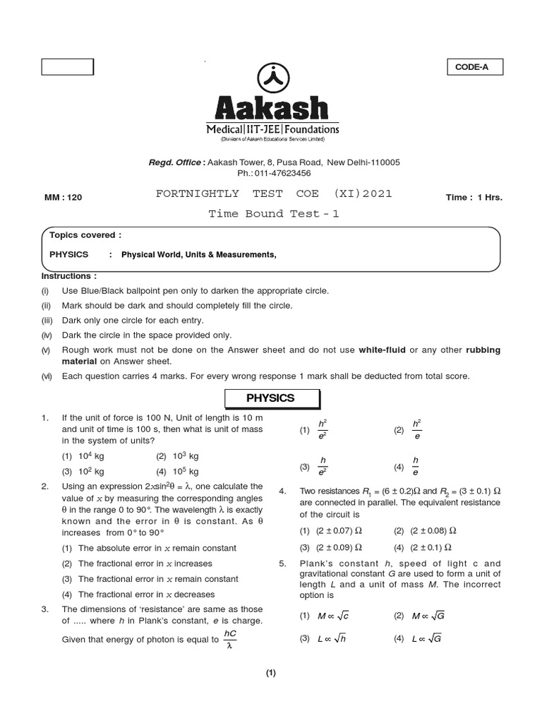 Aakash CoE Physics Fortnightly Test XI | PDF | Velocity | Mass