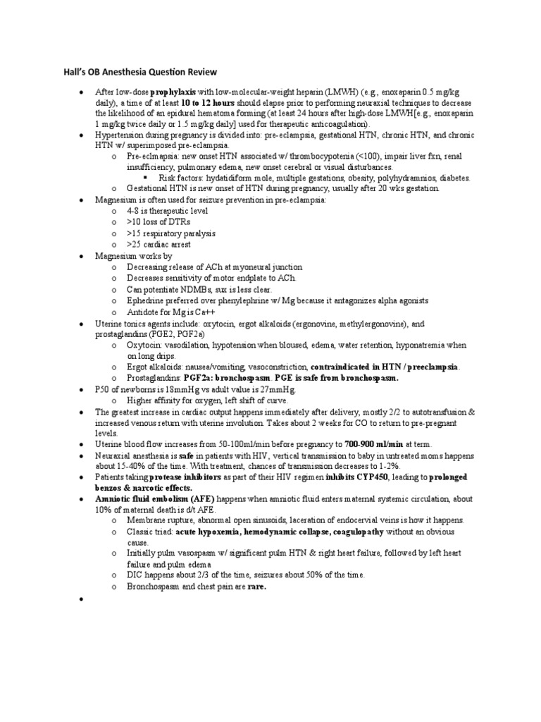 Halls OB Anesthesia Notes | PDF | Heart | Cardiovascular System