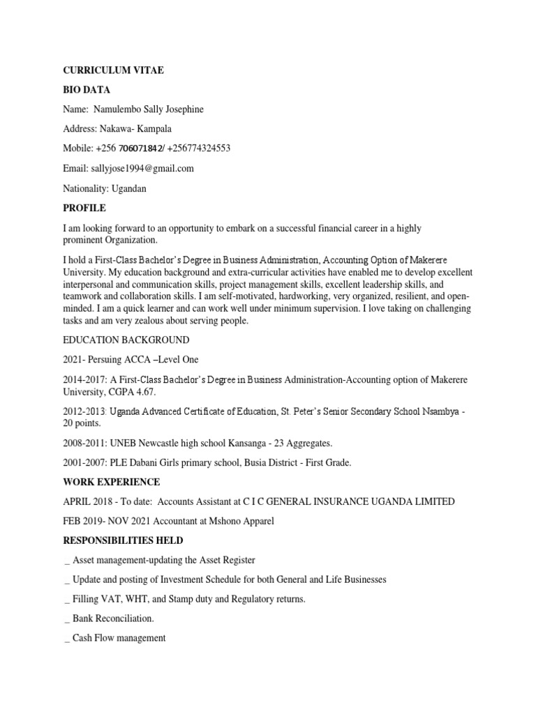 CV of Namulembo Sally Josephine | PDF | Economies | Business