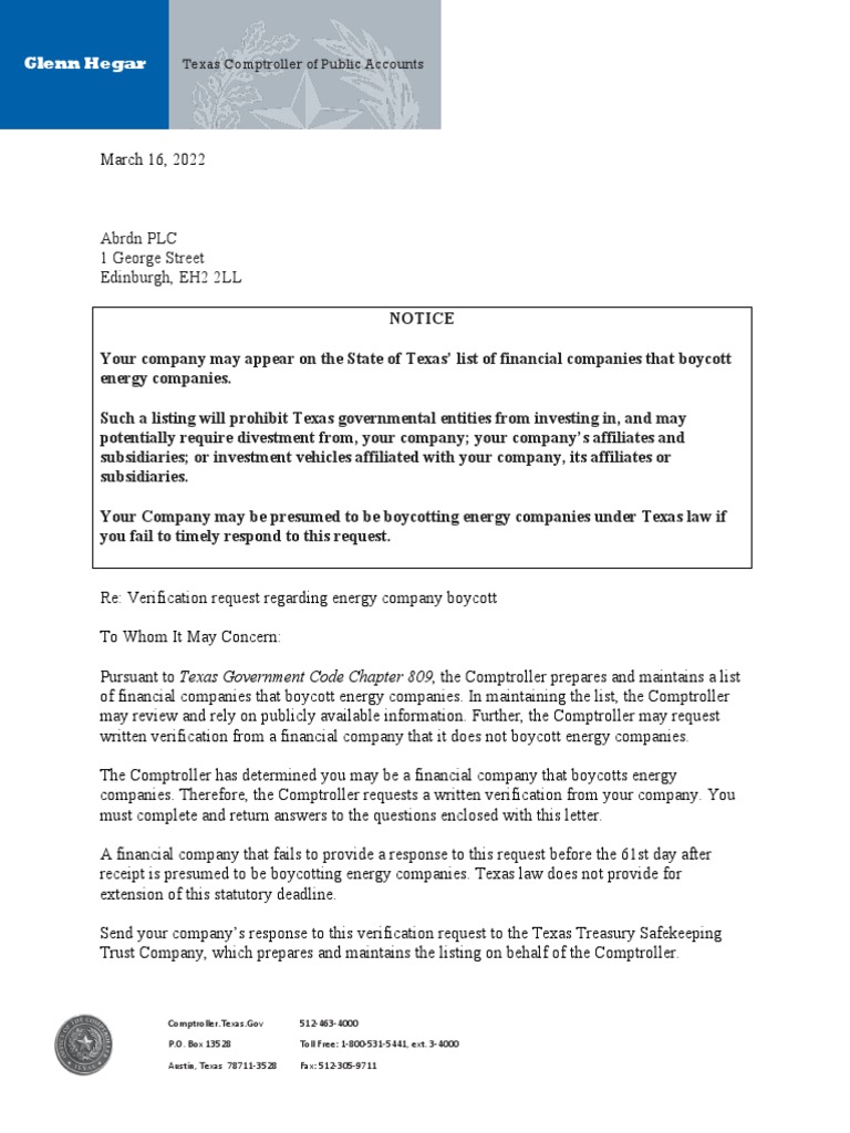 Letters To 19 Companies Threatening Divestment | PDF | Partnership ...