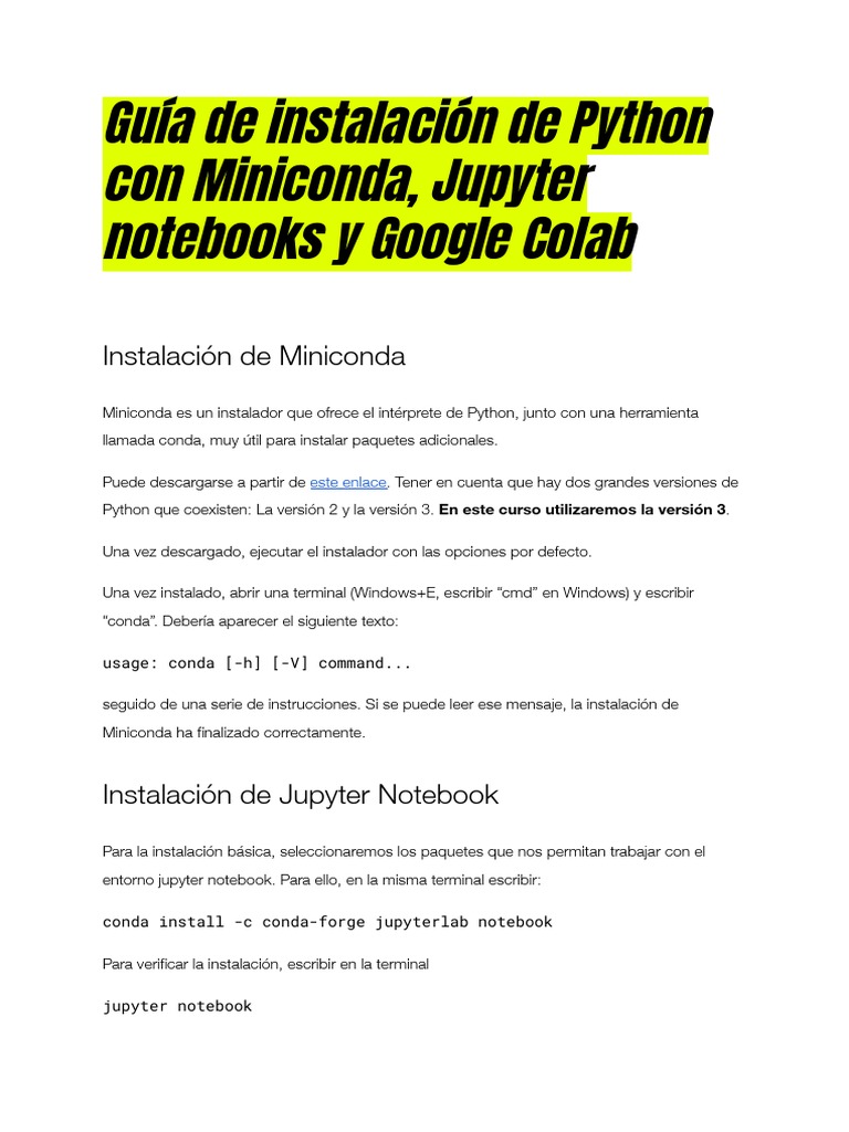 Guía de instalación de Python con Miniconda, Jupyter notebooks y Google Colab | PDF | Interfaz ...