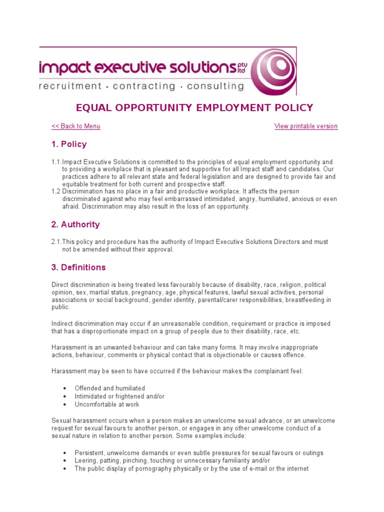 Equal Opportunity Employment Policy | PDF | Sexual Harassment | Equal ...