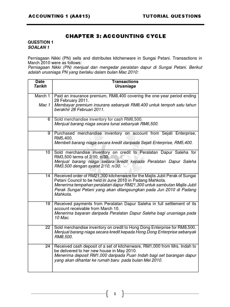 Chapter 3: Accounting Cycle: Accounting 1 (Aa015) Tutorial Questions ...
