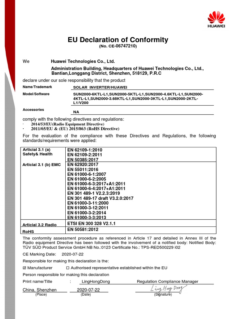 Huawei Solar Inverter EU Compliance | PDF | Technology & Engineering