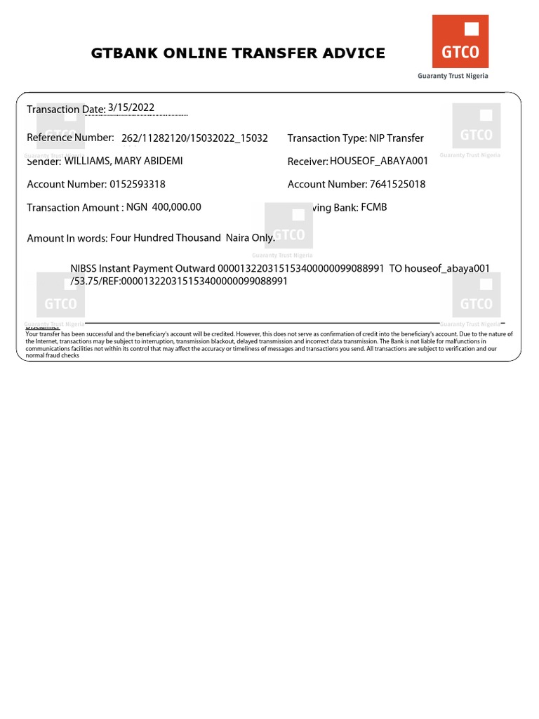 Gtbank Online Transfer Advice: Disclaimer | PDF