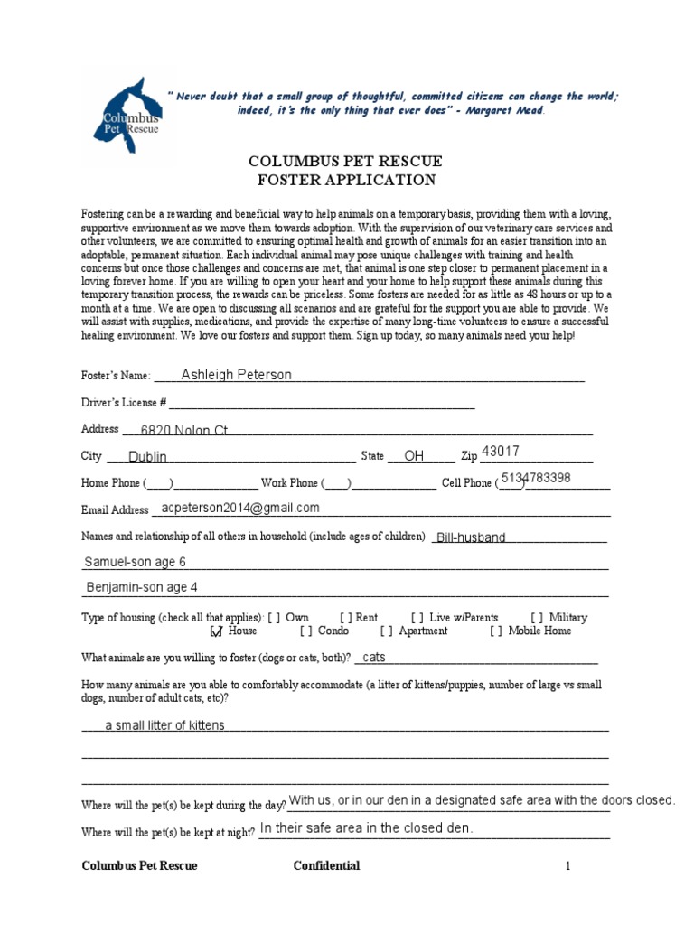 Columbus Pet Rescue Foster Application: Ashleigh Peterson | PDF | Cats ...