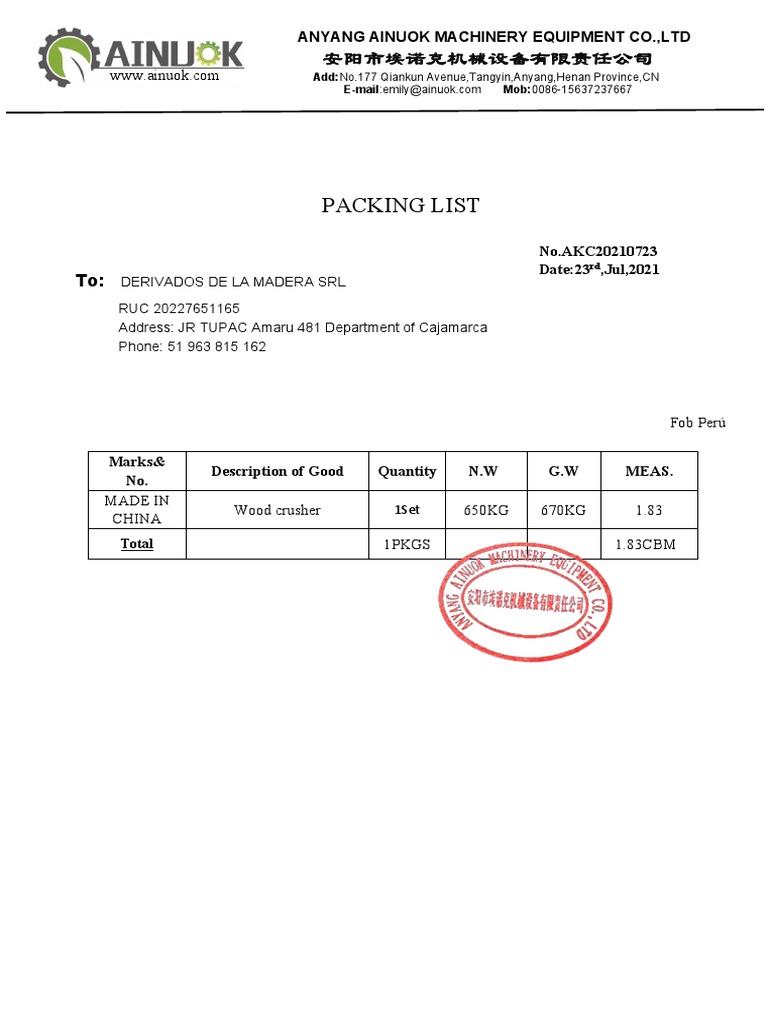 Packing List: Anyang Ainuok Machinery Equipment Co.,Ltd | PDF