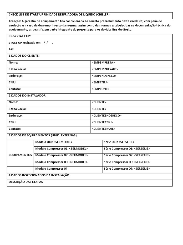 Check List de Start Up Chiller | PDF | Rede elétrica | Refrigeração