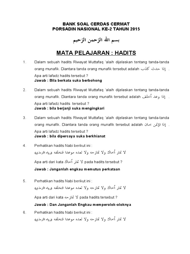 Bank Soal Hadits Porsadin 2015 | PDF