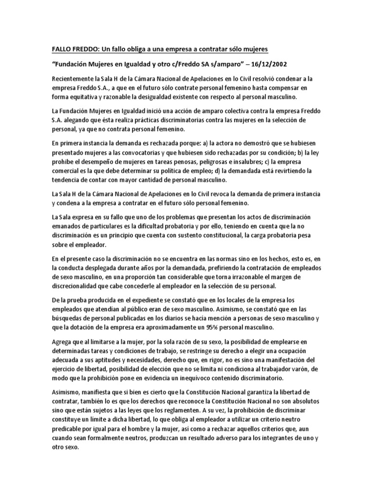 Resumen Fallo Freddo | PDF | Discriminación | Mujer