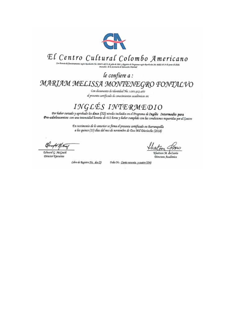 Certificado de Inglés - Colombo Americano | PDF