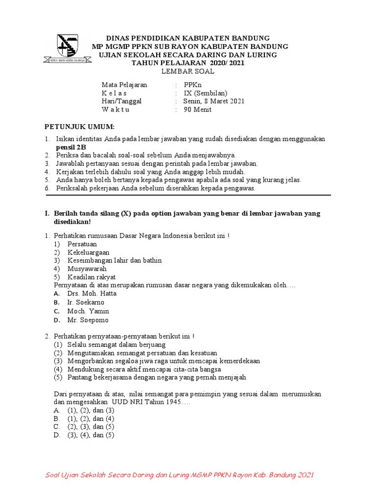 Soal Us PPKN 2021 (9) Oke | PDF | Ilmu Sosial | Kajian Bahasa Asing