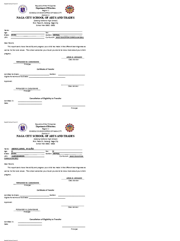 DepEd School Form 9 | PDF | Curriculum | Social Institutions