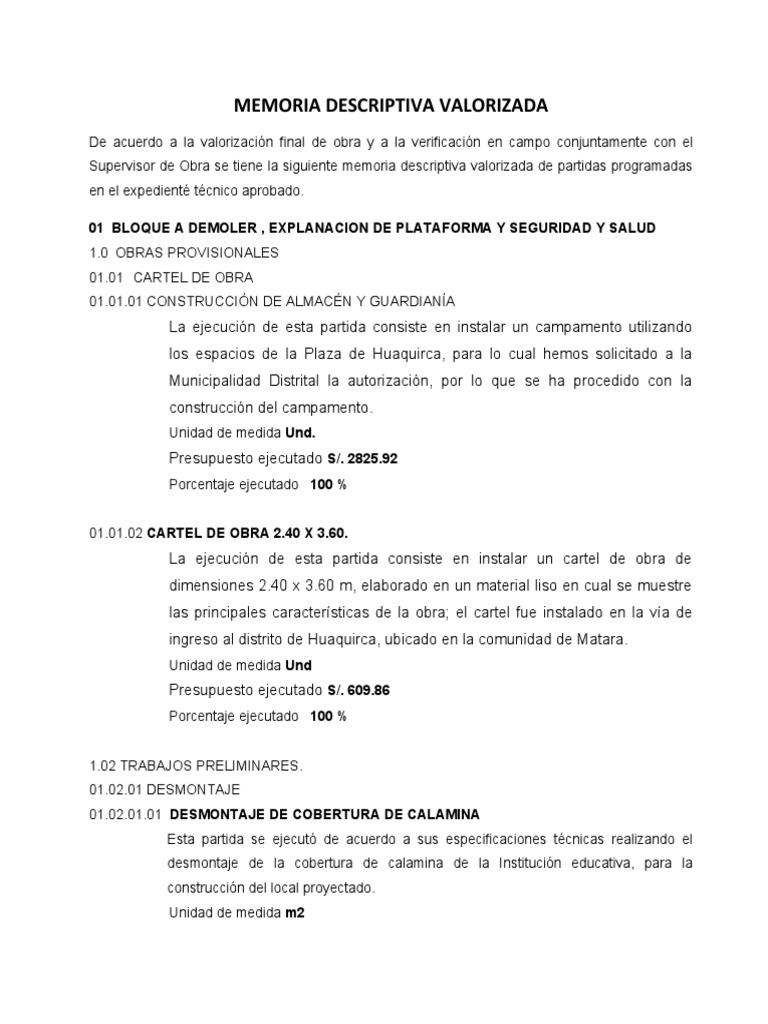 Memoria Descriptiva Valorizada Exp. Tecnico | PDF | Hormigón | Fundación (Ingeniería)