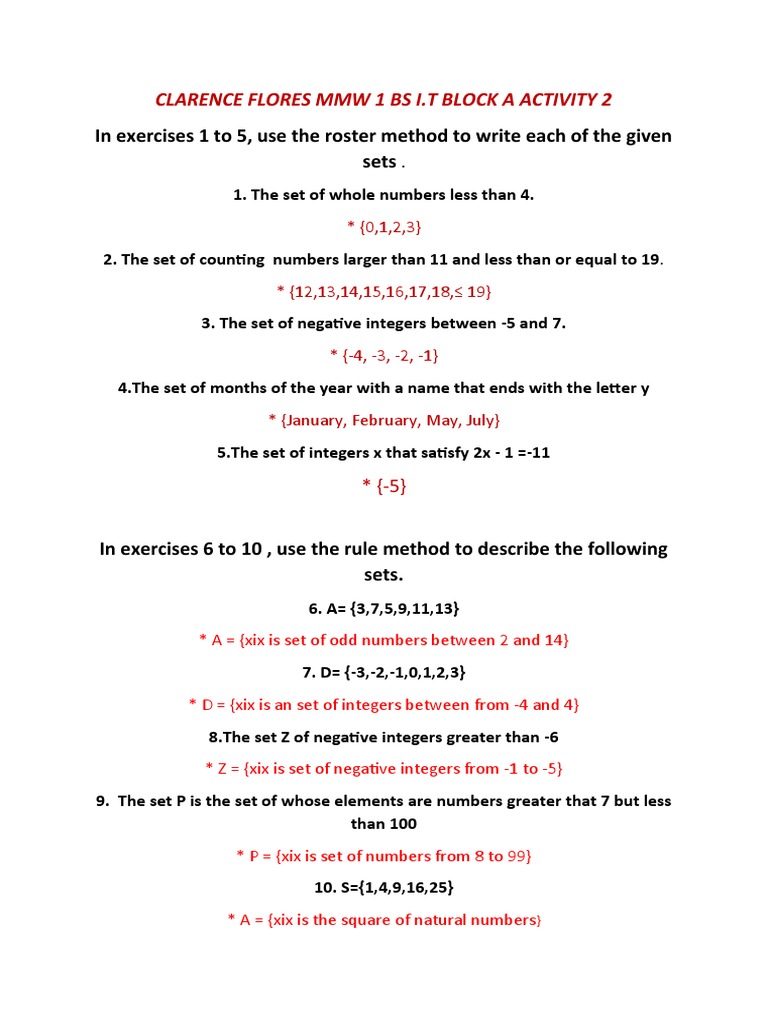 In Exercises 1 To 5, Use The Roster Method To Write Each Of The Given 