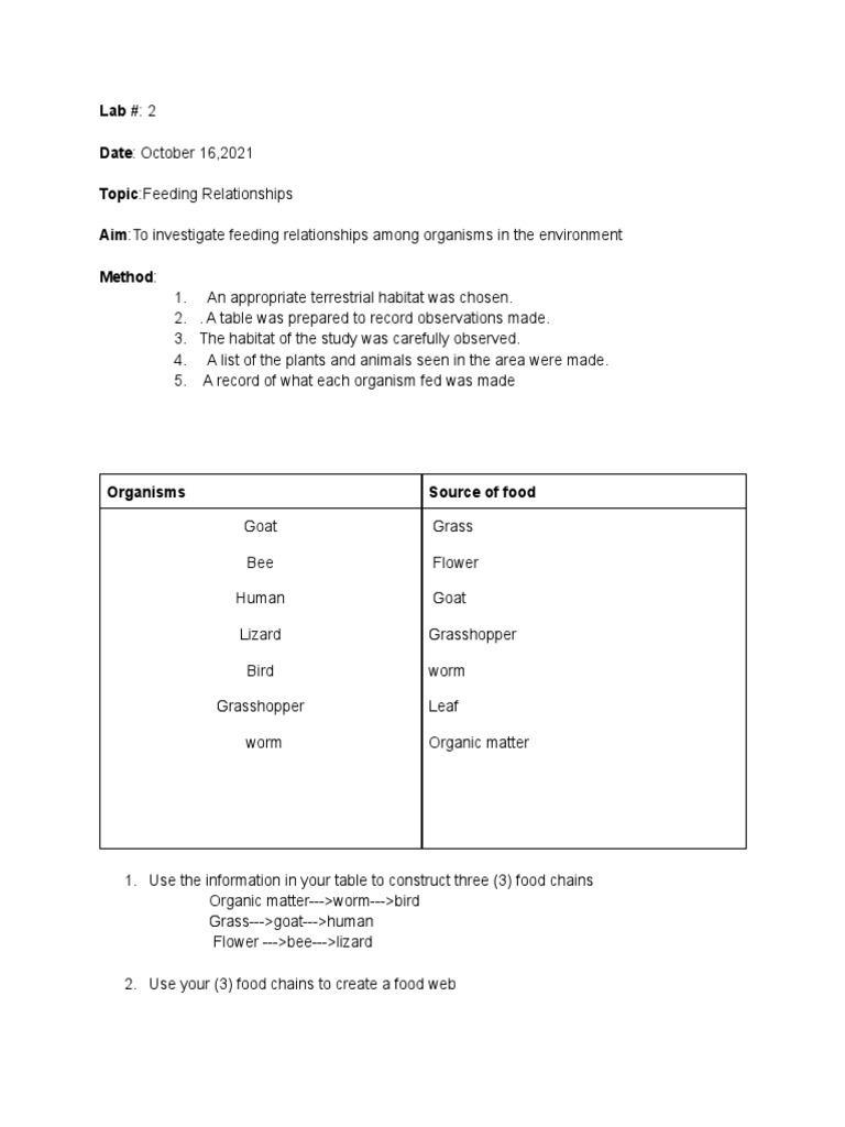 Biology Feeding Relationship Lab # 2 | PDF | Food Web | Systems Ecology