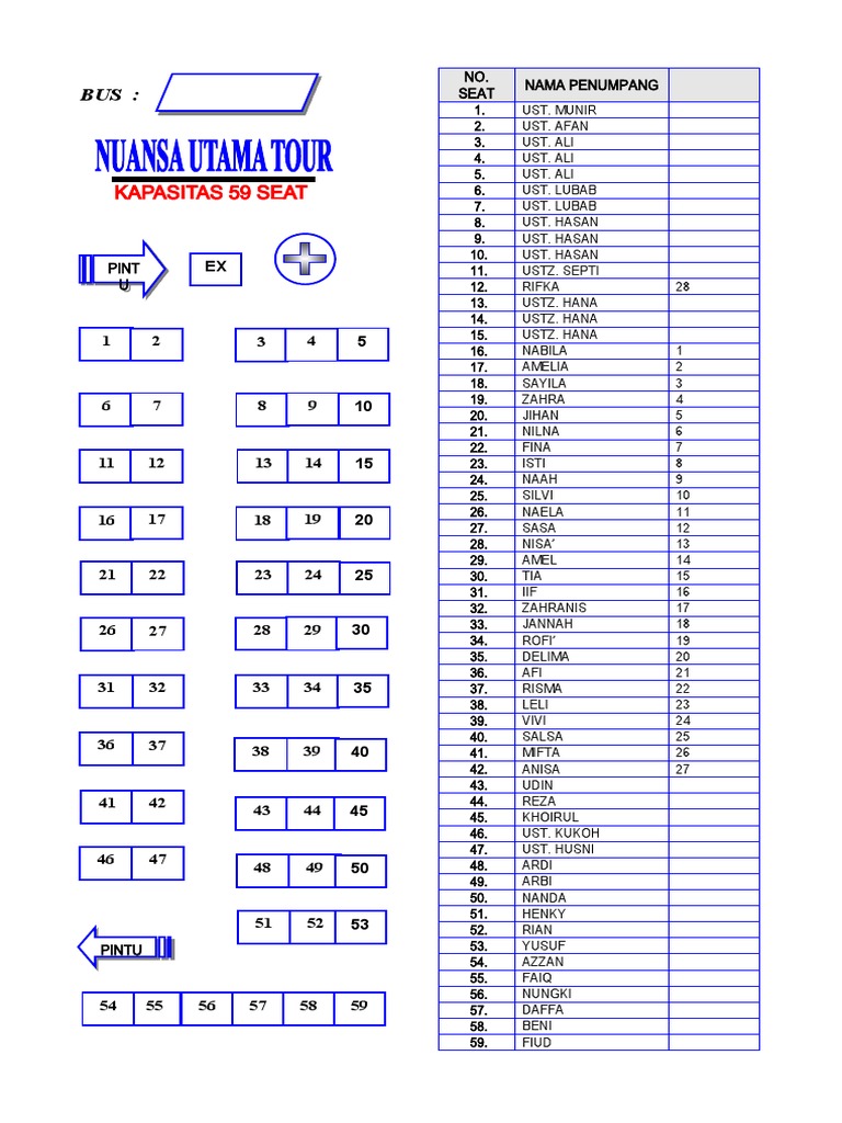 Bus Seating Chart with Names of Passengers | PDF