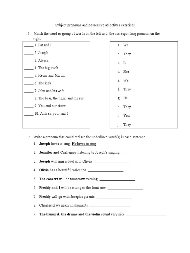 Subject Pronouns & Possessive Adjectives Exercises | PDF | Grammar ...
