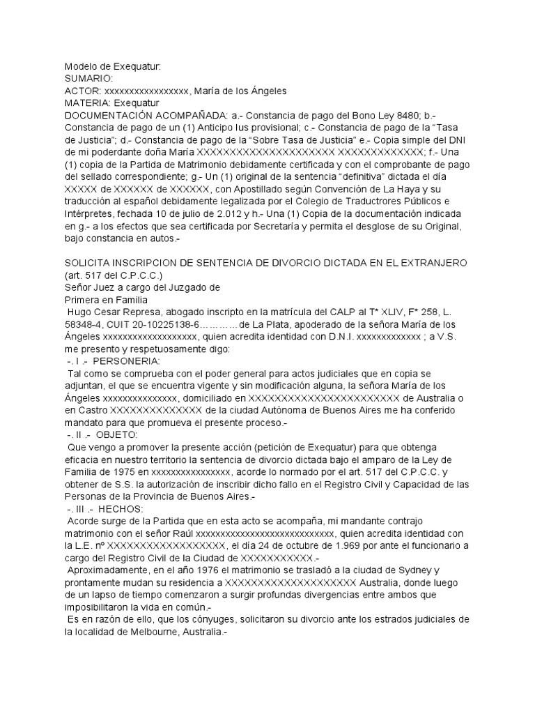 Modelo de Exequatur | PDF | Divorcio | Instituciones sociales