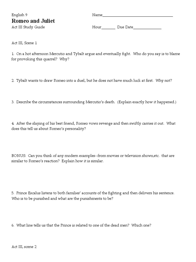 Romeo and Juliet Act 3 Study Guide | PDF | Characters In Romeo And ...