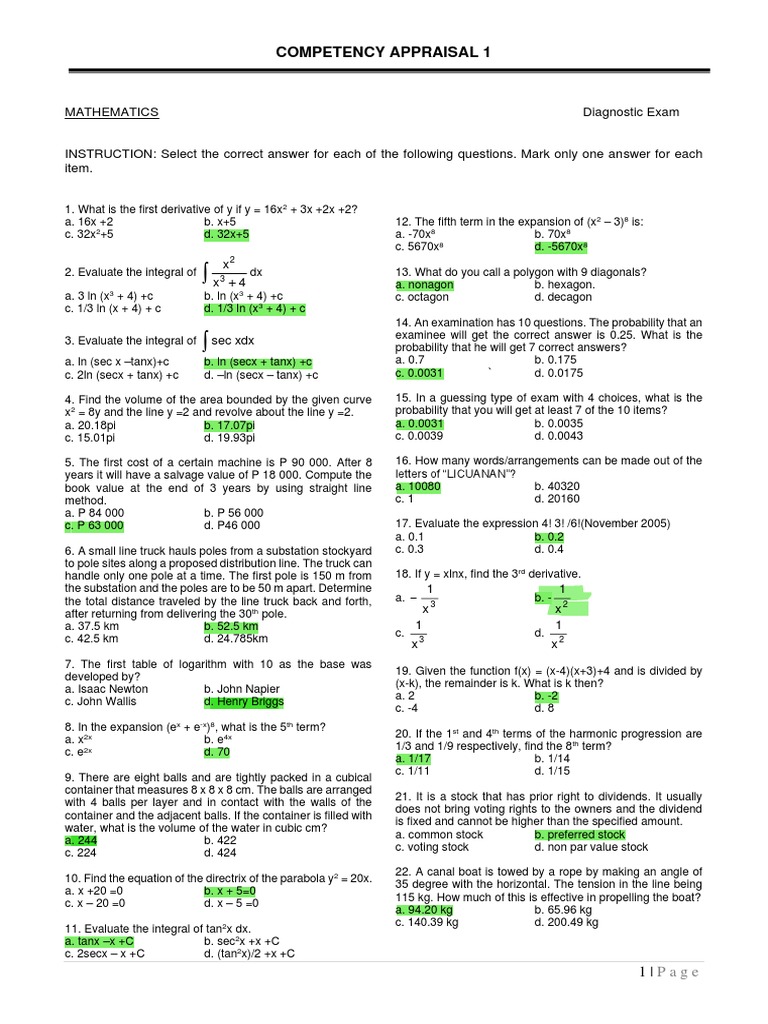 Competency Appraisal 1: Mathematics Diagnostic Exam | PDF | Sphere | Angle